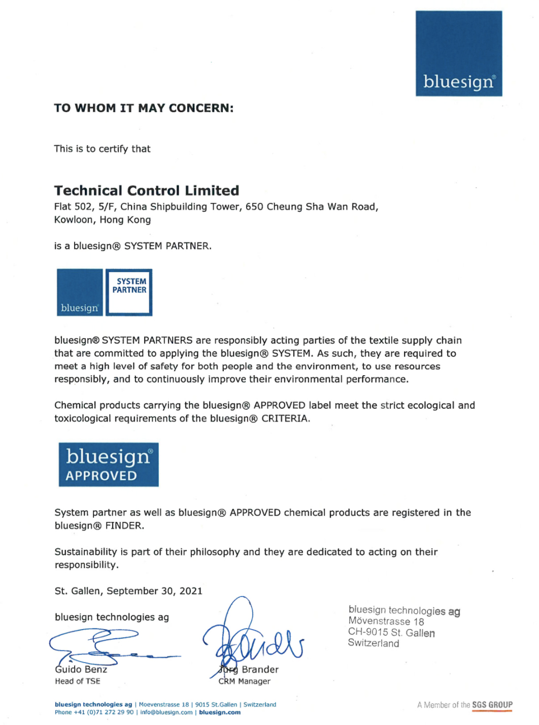 Technical Control Becomes bluesign® system partner - D&A